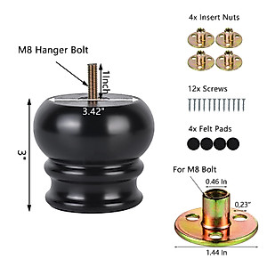 3 Inch Chunky Bun Feet Set of 4 Wood Legs for Furniture Replacement Wooden Black Feet for Sofa Couch Ottoman Screw in