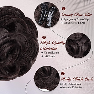 DeeThens Messy Bun Hair Piece Tousled Updo Hairpiece for Women Wavy Curly Scrunchies Clip in Claw Hair Bun Synthetic Chignon Claw Clip With Hair Attached (Darkest Brown)