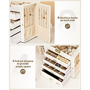 Homde Synthetic Leather Huge Jewelry Box Mirrored Watch Organizer Necklace Ring Earring Storage Lockable Gift Case (White + Gold)