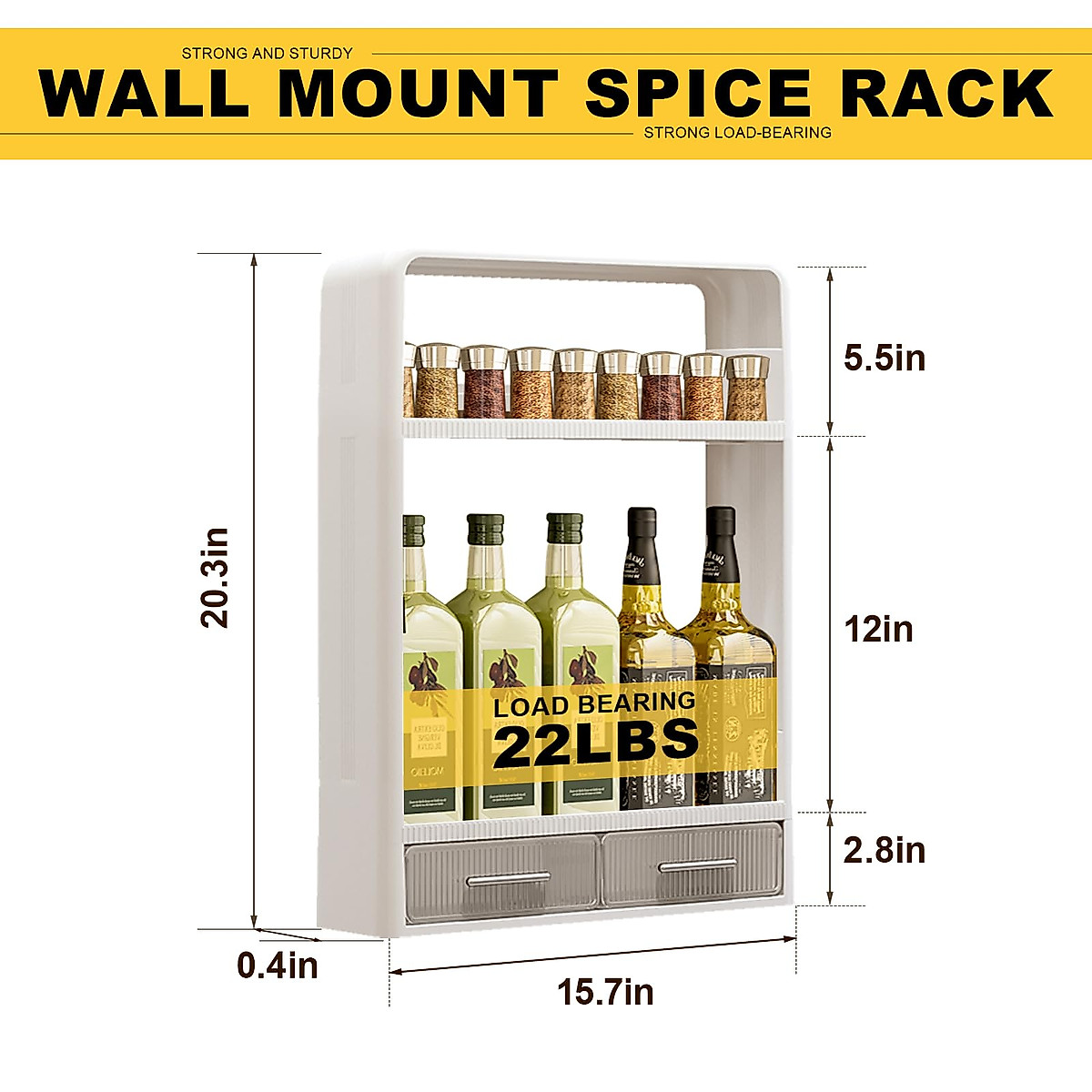 Oroonoko 2 Tier Plastic Bathroom Shelf Wall Mounted,Adhesive Shower Caddy Storage with 2 Drawers and 6 Hooks for Bathroom Kitchen Refrigerator (2 Tiers with Draws)