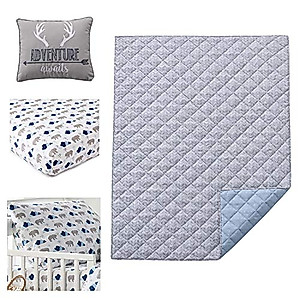 Levtex Baby Trail Mix 5PC Woodland - Animals - Blue, Grey, White - Toddler Set - Kids Bedding - Reversible Quilt, Fitted Sheet, Flat Sheet, Standard Pillow Case, Decorative Pillow