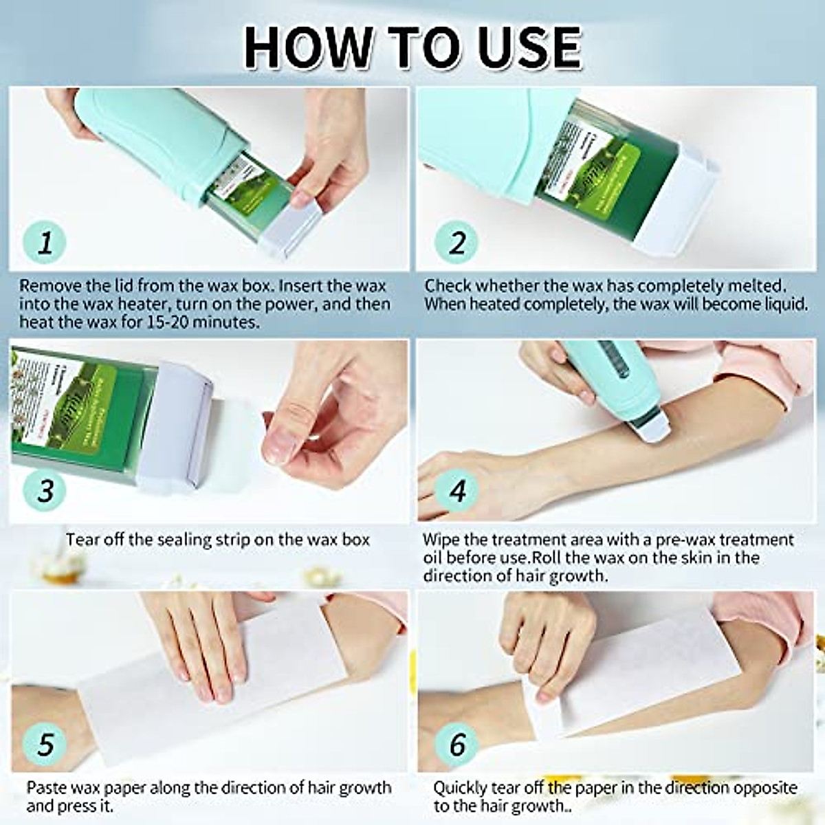 Roll On Wax, Waxing Kit for Women, Roller Waxing Kit for Sensitive Skin, Chamomile Wax Roller Kit for Larger Areas of the Body, at Home Waxing Kit for Women and Men, Hair Removal Wax with Wax Cartridge