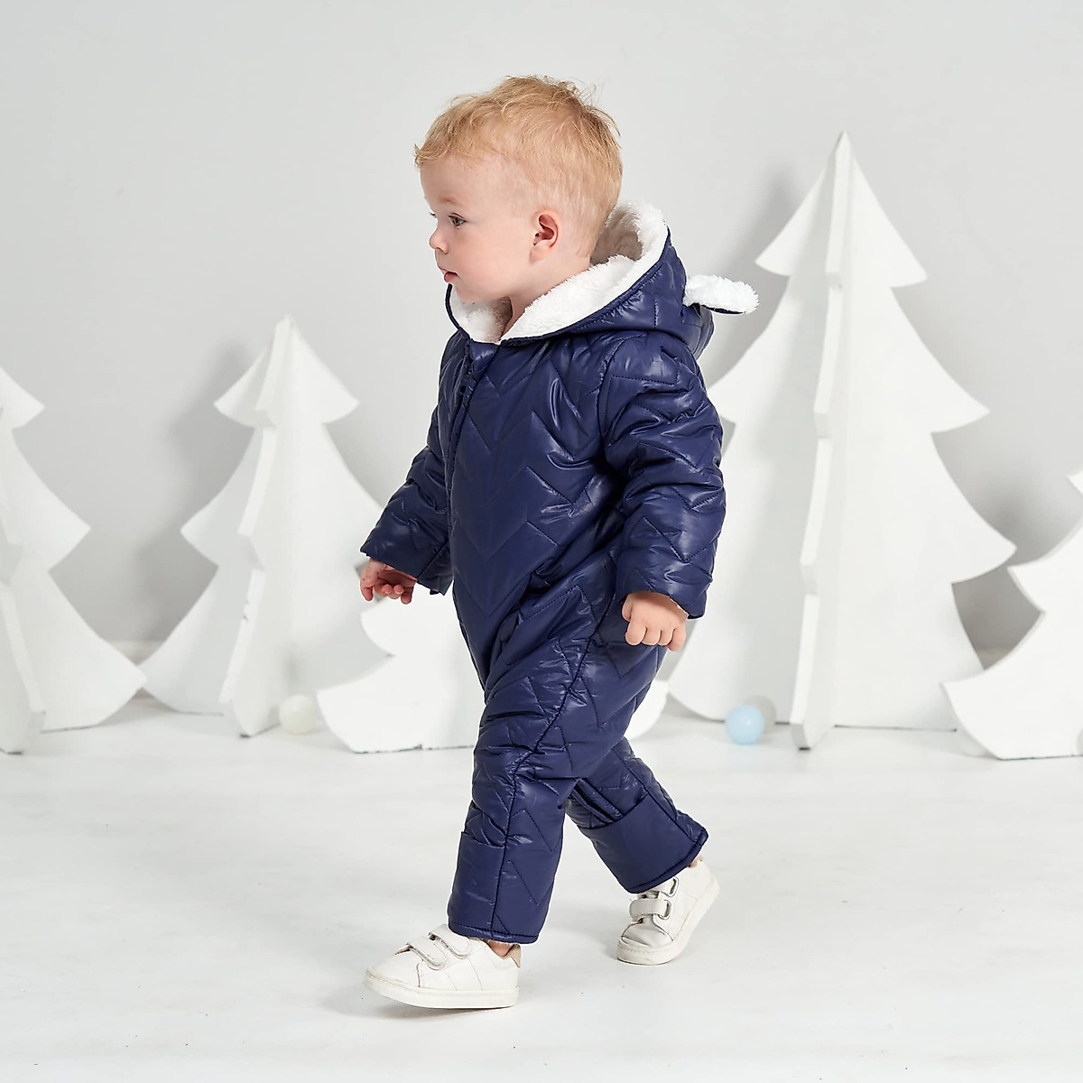 Bafeicao Baby Boy Girl Winter Hooded Snowsuit Romper Zipper Padding Bodysuit Infant Puffer Jacket with Gloves 9-12 Months, Navy Blue