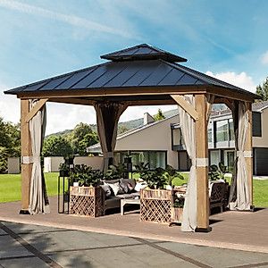 MELLCOM 11' x 11' Outdoor Cedar Wood Gazebo, Hardtop Wooden Frame Gazebo with Double Metal Roof, Solid Cedar Frame Gazebo with Privacy Curtains and Mosquito Nettings for Patios, Gardens, Backyards
