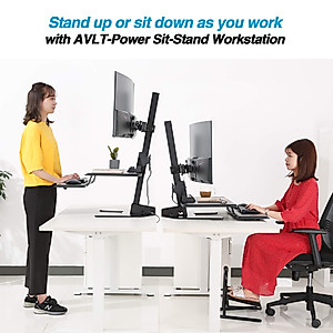 AVLT Dual 32" Monitor Electric Standing Desk Converter with Huge Keyboard Tray Extra Large 28"x 16" Spacious Tabletop Motorized Automatic Height Adjustable Sit to Stand Table Sturdy Small Footprint