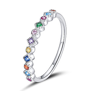 BISAER 925 Sterling Silver Rainbow Stackable Rings for Women Colorful Cubic Zirconia Stacking Eternity Band Ring Rainbow Jewelry Gifts Size 8