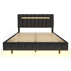 VilroCaz Modern Queen Size Floating Bed with LED Lights and USB Charging, PU Upholstered Platform Bed LED Bed Frame with Strong Wood Slats Support, No-Noise Design (A-Black)