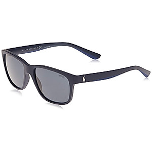 Polo Ralph Lauren Men's PH4142 Rectangular Sunglasses, Matte Navy Blue/Grey/Blue, 57 mm