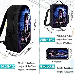 Wednesday Backpack Lightweight Travel Addams Backpack Insulated Lunch Box Fashion Pencil Case Pouch 3 Piece Set