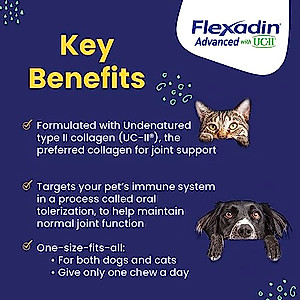 Vetoquinol Flexadin Advanced Dog Hip and Joint Supplement with UC-II Collagen, One Chew a Day Hip and Joint Support Chew for Dogs and Cats, Clinically Proven Vet-Approved Formula, 60 Chews