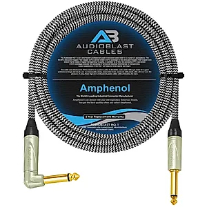 AUDIOBLAST CABLES 12 Foot - Audioblast HQ-1-BRAID (Black+White)Flexible, Shielded - Guitar Bass Instrument Cable w/Amphenol Q-Series Angled & Straight Gold TS Plugs