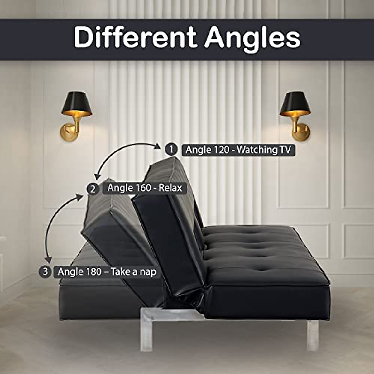 Astrid Futon Sofa Bed Faux Leather Futon Couch Modern Convertible Folding Sofa/Bed Couch with Chrome Legs Reclining Mini Coach Leather Futons Small Couch for Bedroom Living Rooms, Office - Black