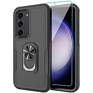 LEXNEC for Samsung Galaxy S23 Case with Tempered Glass Screen Protector,Heavy-Duty Tough Rugged Phone Case Cover with Ring Holder Kickstand for Galaxy S23 5G (6.1", 2023) [Black]