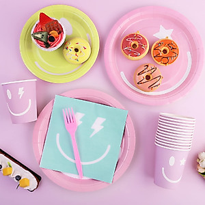 durony 144 Pieces Preppy Smile Face Party Tableware Set Party Decorations Include Smile Face Paper Plates Napkins Cups and Forks for Preppy Birthday Party Baby Shower Decor, Serve 24 Guest