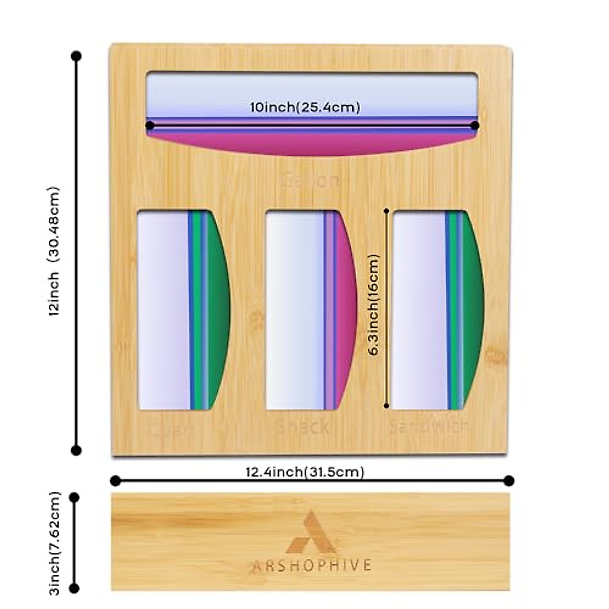 ARSHOPHIVE Bag Storage Organizer for Kitchen Drawer, Bamboo Organizer, Compatible with Gallon, Quart, Sandwich and Snack Variety Size Bag (1 Box 4 Slots) (Natural)