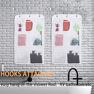 Mesh Shower Caddy Hanging Organizer 7 Pockets Bathroom Shower Pockets Storage Bag Quick Drying Shower Mesh with Curtain Hooks for Shampoo, Soap, Bath Toys & Cruise Ship Essentials, 29.5 x 17 in (1)
