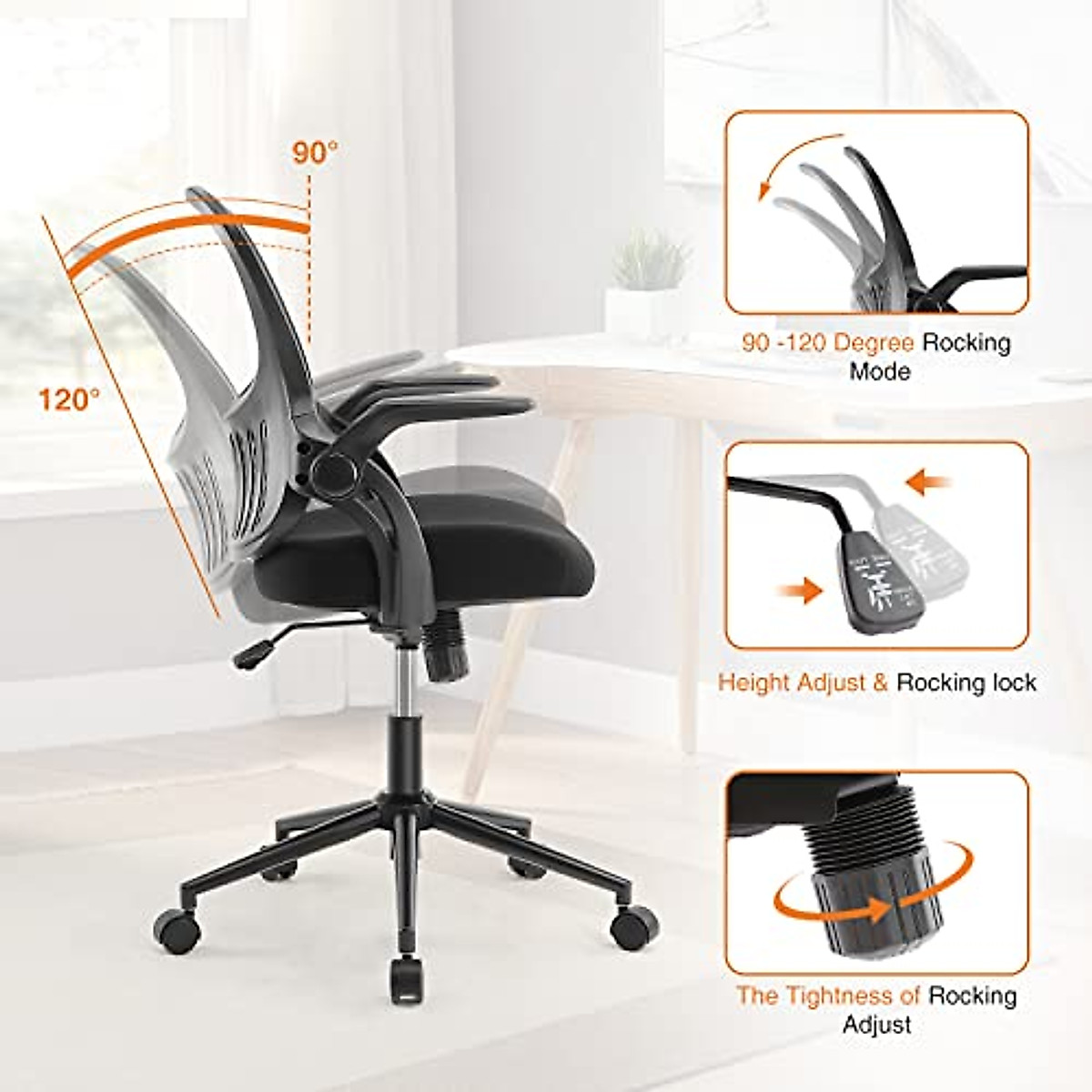 Ergonomic Home Office Desk Chair Mesh Computer Chair Height Adjustable Office Chair Task Chair with Flip-up, Black