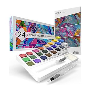 GenCrafts Watercolor Palette with Paper Pad 24 Premium Colors - 2 Refilable Water Brush Pens - 15 Sheets of Water Color Paper - Portable Painting