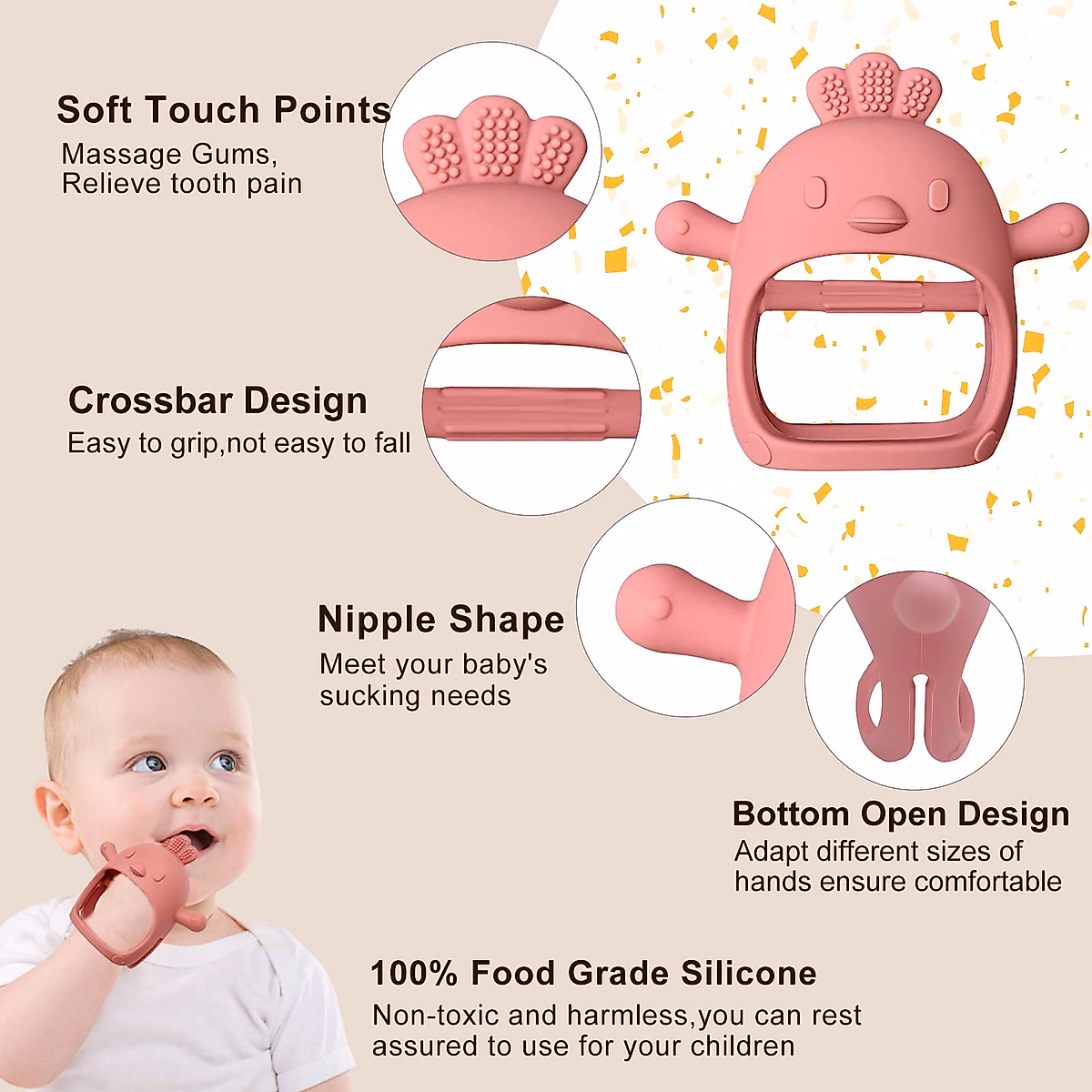 Baby Teething Toys, JUSONEY 2 Packs Anti-Drop Silicone Teething Mitten for Babies 3+ Months, Baby Teething Gloves 3D Chicken and Triceratops Shape Wrist Hand Teethers for Sucking Needs