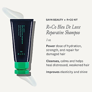 R+Co Travel Essentials | Bleu De Luxe Reparative Shampoo and Conditioner Set (1.2 Oz) + High Dive Moisture Cream (.5 Oz) + Death Valley Dry Shampoo (1 Oz) | Sayn Beauty