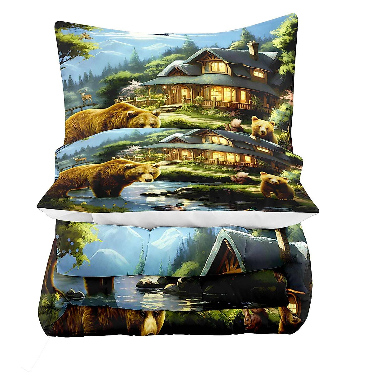 LUVIVIHOME 3PCS Cute Bear Comforter Set King Size, Mallard Duck Deer Squirrel Lake Woodland Forest Animal Wildlife Country Lodge Rustic Farmhouse Cabin Bedding Sets for Kids Boys Girls, 2 Pillow Shams