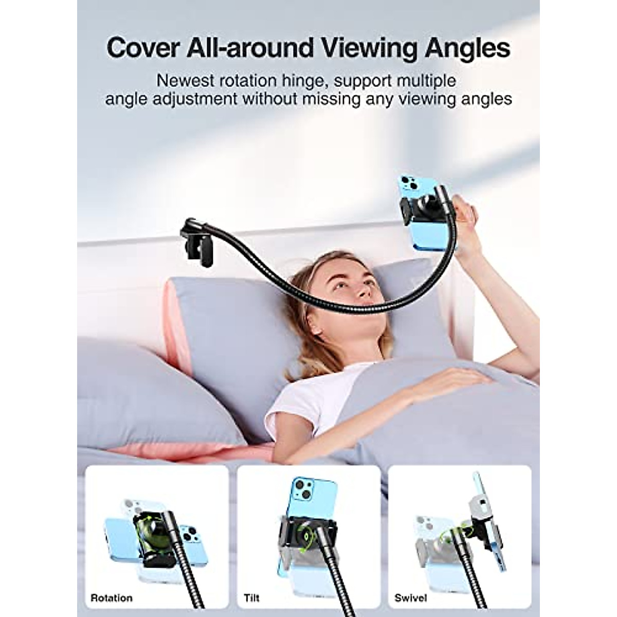 elitehood Aluminum Gooseneck Phone Holder for Bed [360° Swivel Tilt Rotation] - Long & Flexible Bed iPhone Holder, Overhead Cell Phone Mount Stand for Desk, Compatible with 4-7’’ Cellphone
