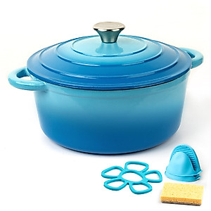 Parmedu 5.5 Quart Enameled Cast Iron Dutch Oven Pot Heavy Duty with Lid and Dual Handles, Silicone Accessories Included, Ideal for Braising, Stewing, Roasting and Baking, Blue