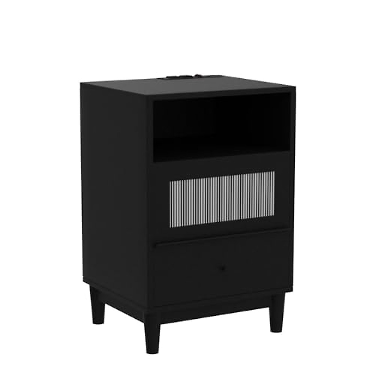 Saudism Black Nightstand with Charging Station, End Table with Glass Drawers, Night Stand with LED Lights, Wood Bedside Tables for Bedroom, 15.7”×13.7”×23.8”