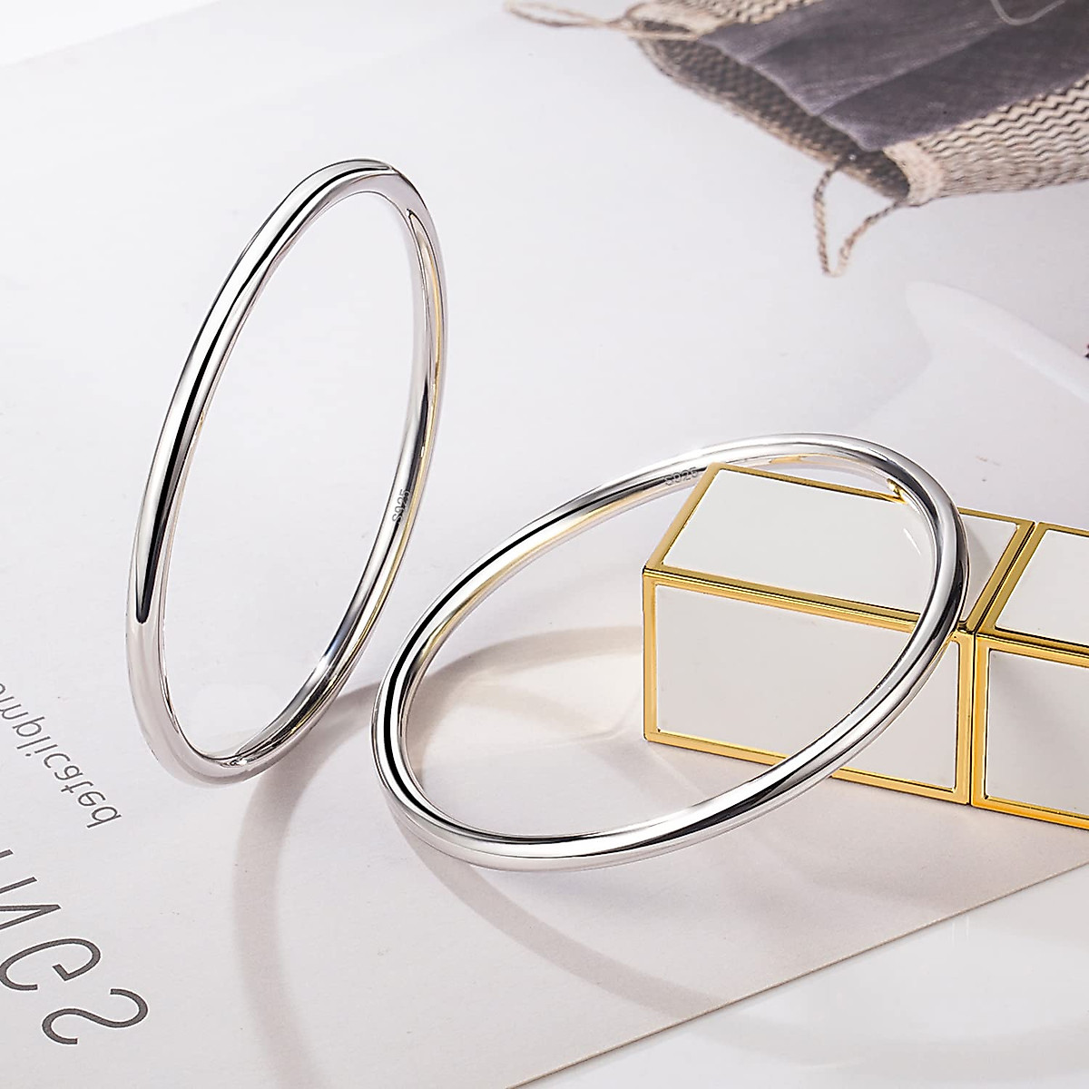 H&Beautimer Solid 925 Sterling Silver Italian Handmade Minimalist 4MM Bracelet for Women's Charm Jewelry 60-65MM Bangle 1/2/3 Set Birthday Gift (2set, 68MM)