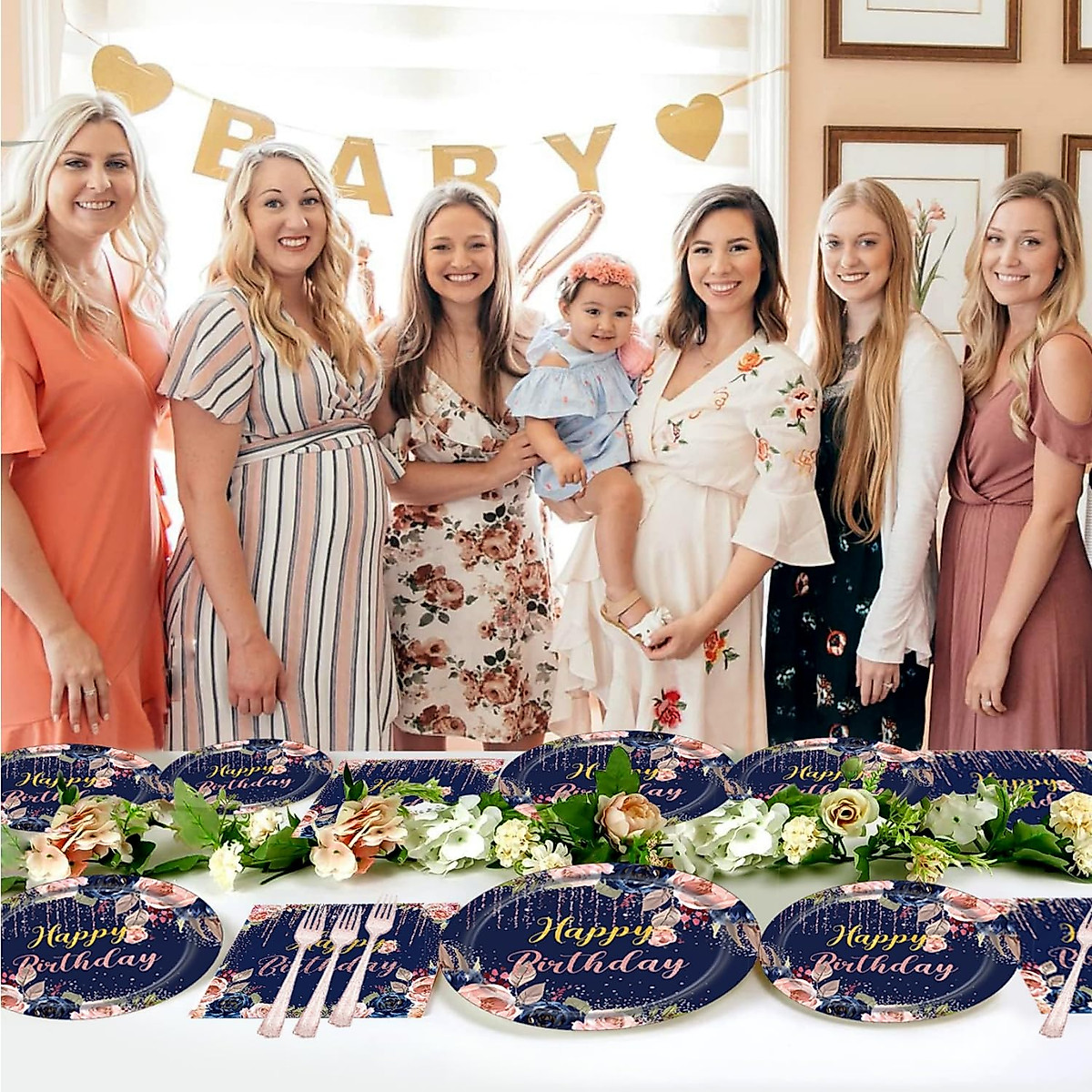 Birthday Plates and Napkins 97 Pcs Navy Blue Rose Gold Birthday Decorations for Women Girls, Happy Birthday Plates, Birthday Tablecloth Party Supplies, Floral Paper Plates Tableware Set, Serves 24