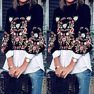 Akabsh Women Long Sleeve Retro Printed Drawstring Pullover Sweatshirt Blouse Tops