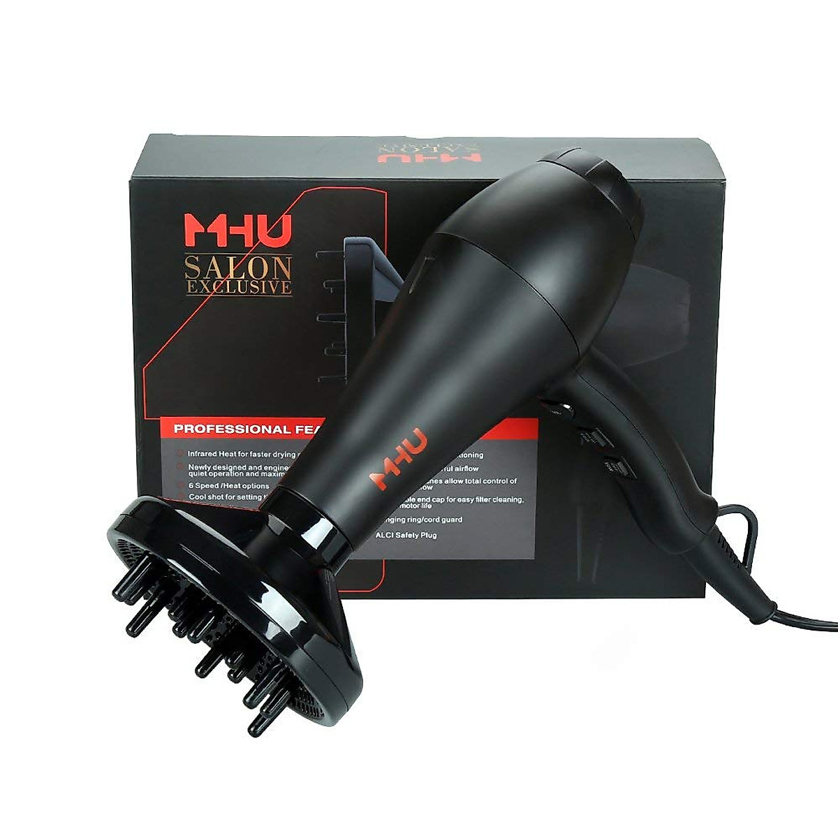 MHU Professional Salon Grade 1875w Low Noise Ionic Ceramic Ac Infrared Heat Hair Dryer Plus One Concentrator and One Diffuser Black Color