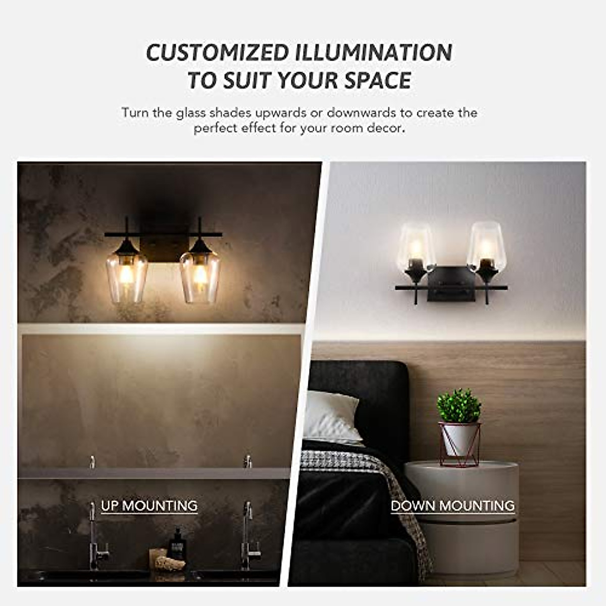 VONLUCE 2-Light Vanity Light in Matt Black Finish, Vintage Farmhouse Mirror Lights with Clear Glass Shade, Modern Industrial Wall Sconce for Bathroom, Bedroom, Hallway, Makeup Dressing Table