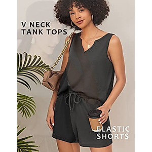Ekouaer Womens Lounge Sets Sleeveless T-shirts and Shorts 2 Piece Waffle Pajamas Sleepwear Loungewear V Neck Matching Outfits Black Medium