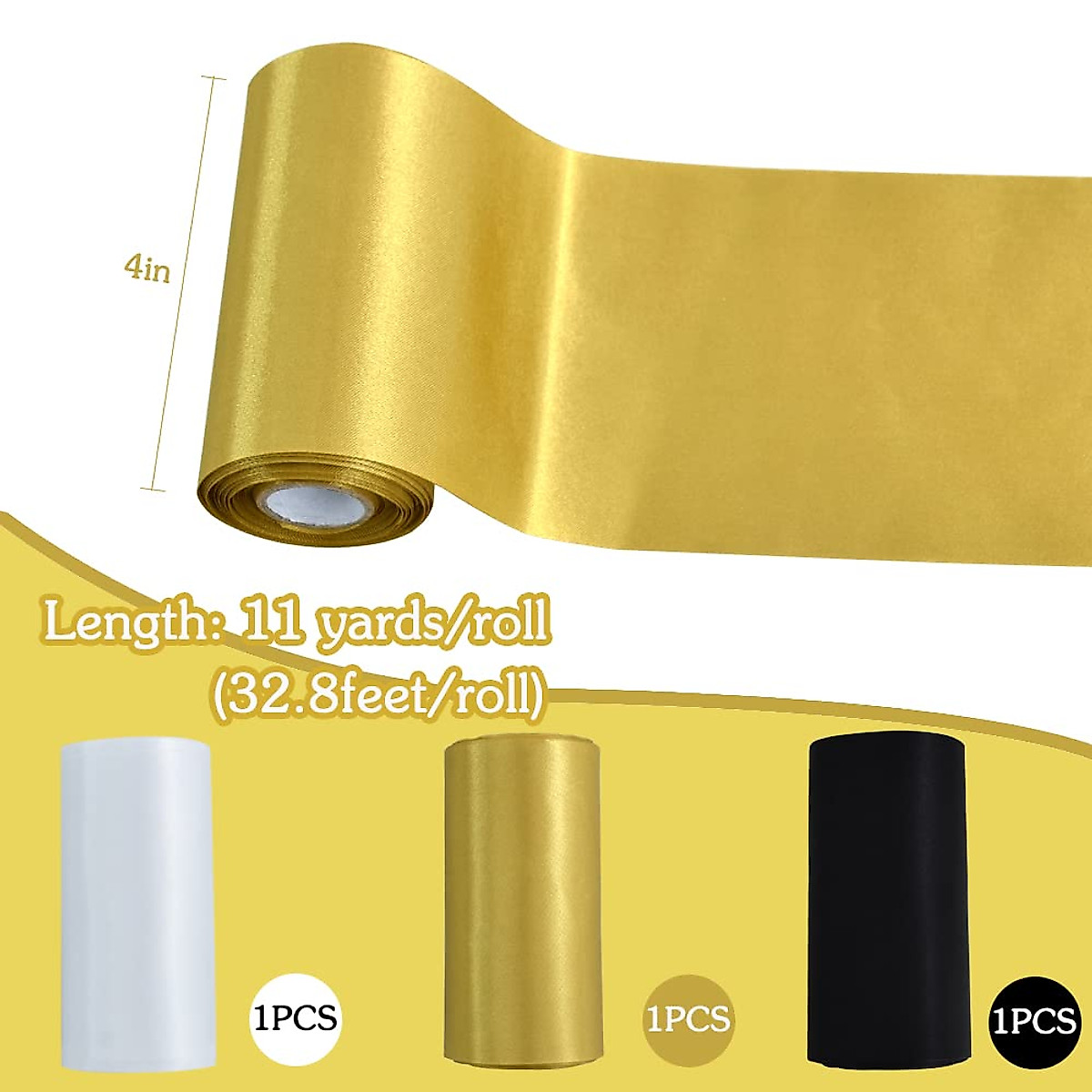 TONIFUL 3 Rolls 4 Inch Wide Ribbons, Black Gold White Satin Ribbons Set for Cutting Sewing Wedding 40th 60th 80th Birthday Party Decoration, Chair Sash Table Runner Outdoor Yard, Graduation Party