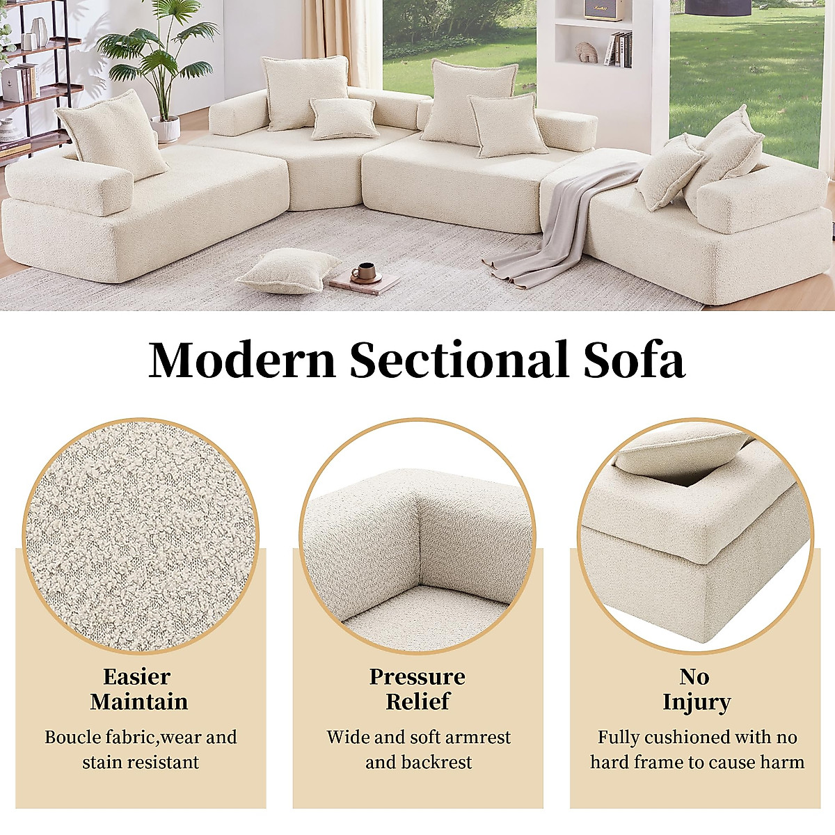 FREESNOOZE Oversized Modular U Shaped Sectional Sofa, Modern Minimalist Boucle Sofa for Living Room, 4PC Free Combination, Beige