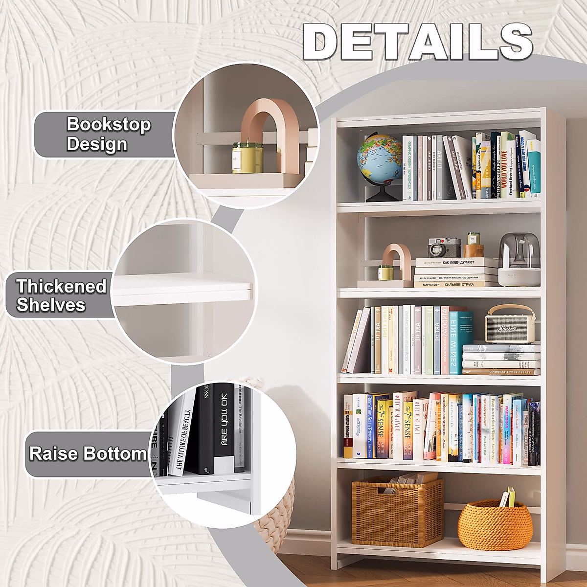 YILFANA 69'' Tall White Bookshelf, Metal Bookshelves and Bookcases, Display Bookshelf with 5 Tier Display Shelves, Large Bookshelf for Study, Library, Office, Corner