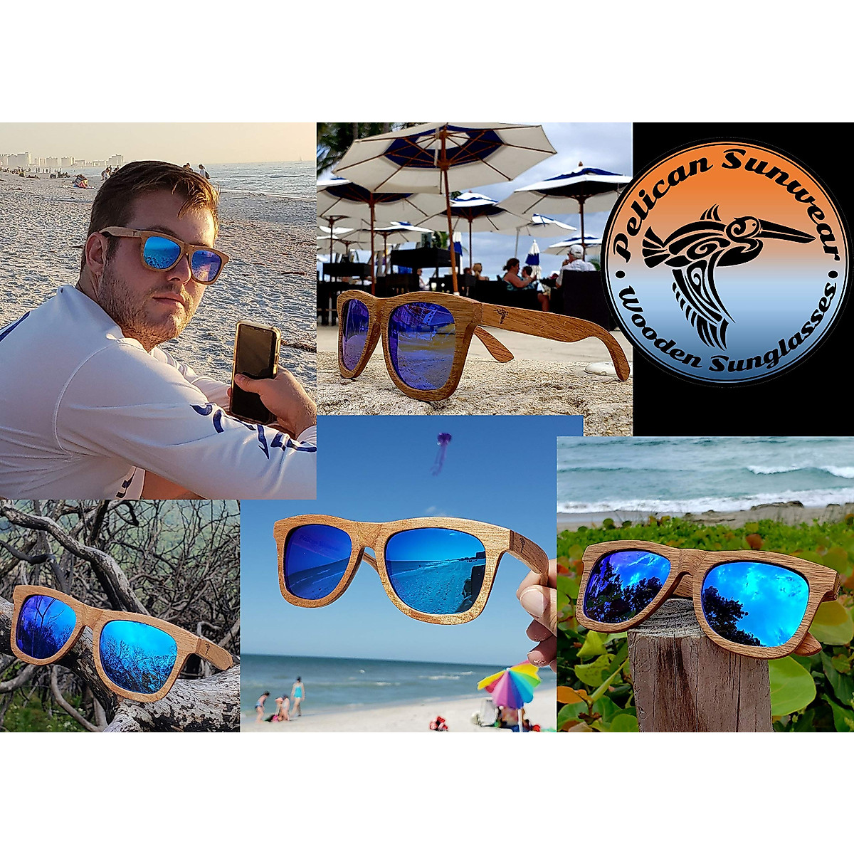 Pelican Sunwear Wood Sunglasses | Polarized | Vintage Wooden Frame | 100% UVA/UVB Protection | Bamboo Case | Men Women