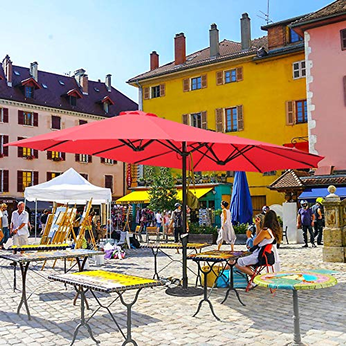 Yescom 14' Double-sided Twin Patio Umbrella Sun Shade UV30+ Water Fade Resistant Crank Outdoor Garden Market Red