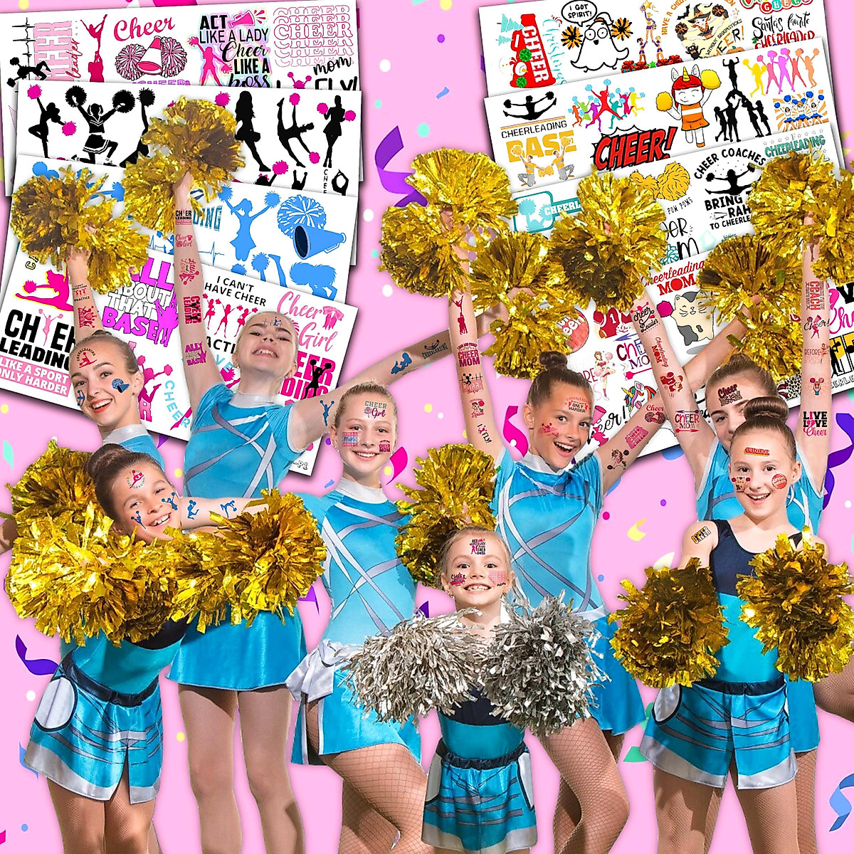 96 PCS Cheer Cheerleader Stickers Cheerleading Birthday Party Decorations Pom Pom Favors Supplies Team Spirit Tattoos Decor for Kids Boys Girls Gifts Classroom School Prizes Rewards
