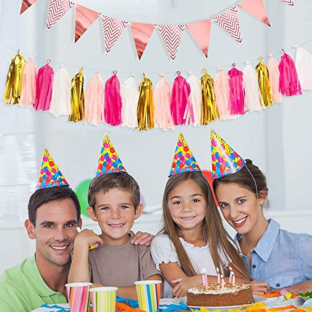 MerryNine Sparkly 40PCS Gold Pink Tassel Garland and 15PCS Paper Pennant Banner Triangle Flags Bunting and 10g Gold Paper Confetti