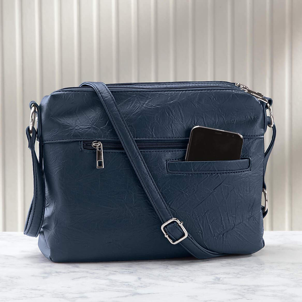 B.AmiciTM Margot Westhampton Organizer Hobo, Leather Exterior, Built-In Wallet Pocket, Over The Shoulder/Crossbody Bag, Women’s, Gray Design – Measures 12" Wide x 9" High x 3" Deep