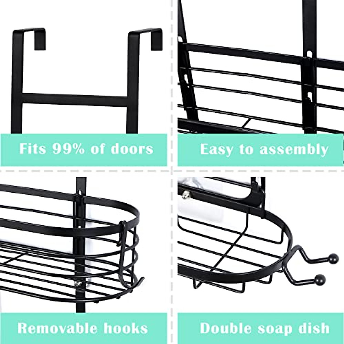 Fogein Over the Door Shower Caddy, 3 Tier Hanging Organizer Shelf Rustproof, Shower Basket with Suction Cup, Bathroom Shower Caddy Over The Door with Hook & Soap Box, No Drilling(Black)