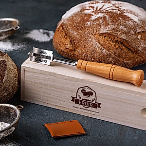 EROIR Hand Crafted Bread Lame Dough Scoring Tool in Wooden Storage Box for Sourdough Bread Baking - Dough Scoring Knife with 10 Extra Blades and a Protective Leather Cover