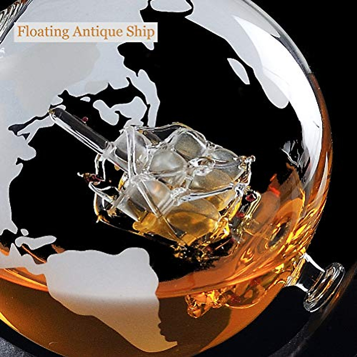 LiquorKnight Globe Whiskey Decanter Set/Hand-Blown Lead-Free Glass/Wooden Stand/Liquor Dispenser Bar Set with 4 Glass/Whiskey Stones & Funnel/Antique Glass Ship/Home Bar Accessory