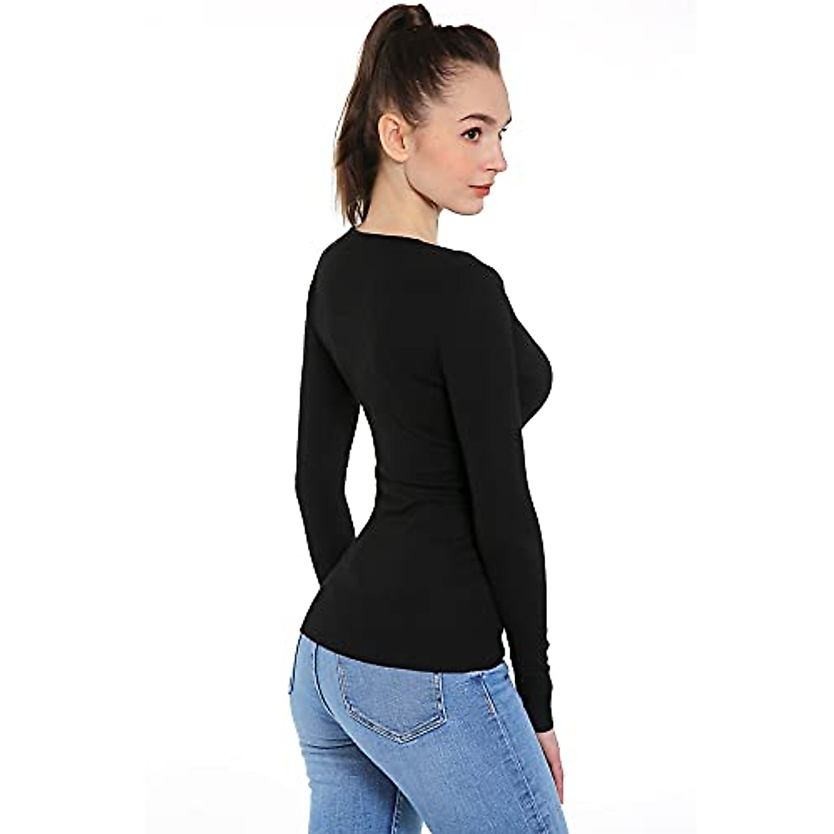 AmélieBoutik Women V Neck Crossover Buckle Long Sleeve Pullover Sweater (Black Medium)