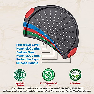 NutriChef 2-Piece 13-Inch Nonstick Pizza Tray, Round Carbon Steel Non-Stick Pizza Baking Pan with Perforated Holes, Premium Bakeware Pizza Screen with Silicone Grip Handles, Dishwasher Safe, NCBPIZX2