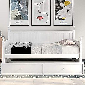 Solid Pine Wood Twin Size Daybed Frame - Used as Sofa or Bed, Ideal for Small Spaces with Trundle - Concise and Modern Appearance - with Square Posts and Wide Boards - Easy to Assemble - White