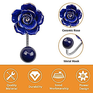 MOROBOR Dark Blue Gold Edge Rose Ceramic Wall Hanging Coat Hooks,2pcs 3D Rose Shape Chrome Decorative Robe Hooks Decorative Flower Wall Hanging Hooks for Hanging Scarves,Bags,Hats