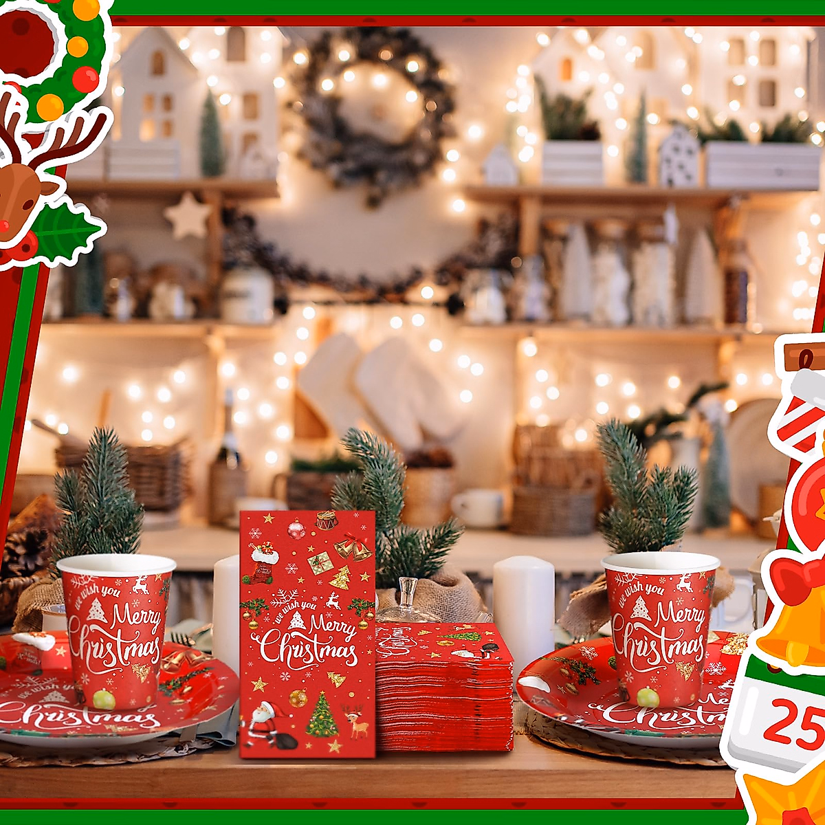 Tioncy 200Pcs Christmas Party Supplies Tableware Set Include 100 9 Inch and 7 Inch Christmas Paper Plates 50 9oz Cups 50 Holiday Lunch Napkin Disposable Christmas Plates Dinnerware Set (Classic Style)